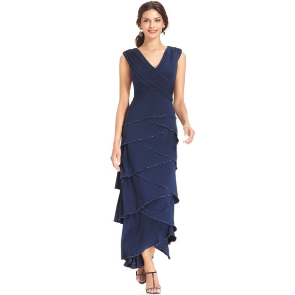 Patra | Dresses | Patra Navy Jersey Sleeveless Tiered Beaded Gown 8p ...